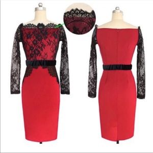 chicline | Dresses | Lace Red And Black Pencil Dress | Poshmark